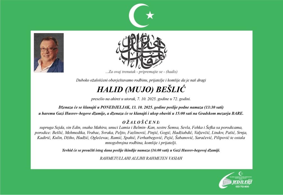 Posljednji pozdrav legendi, objavljena smrtovnica: Dženaza Halidu ...