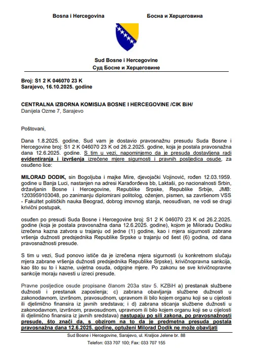 Sud BiH u dopisu CIK-u traži da provedu presudu protiv Dodika ...
