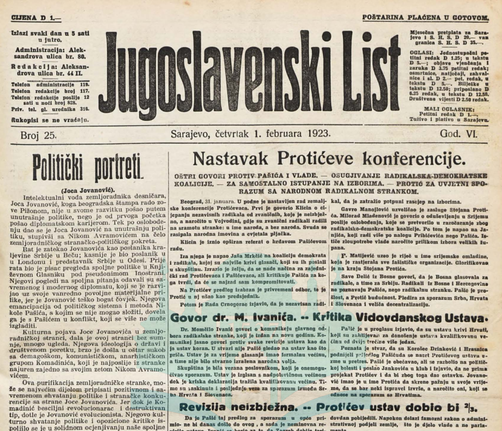 Stoljeće unazad: Šta je pisao Jugoslovenski list 1. februara 1923 ...
